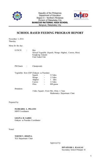 Bangcud National High School Feeding program report | DOCX