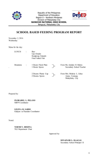 Bangcud National High School Feeding program report | DOCX
