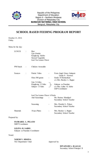 Bangcud National High School Feeding program report | DOCX