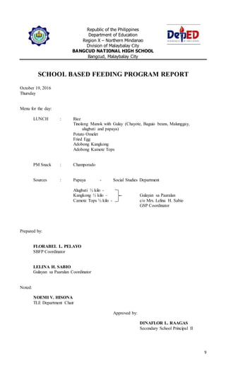 Bangcud National High School Feeding program report | DOCX