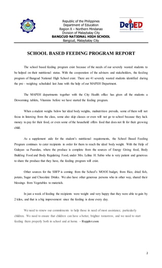 Bangcud National High School Feeding program report | PDF