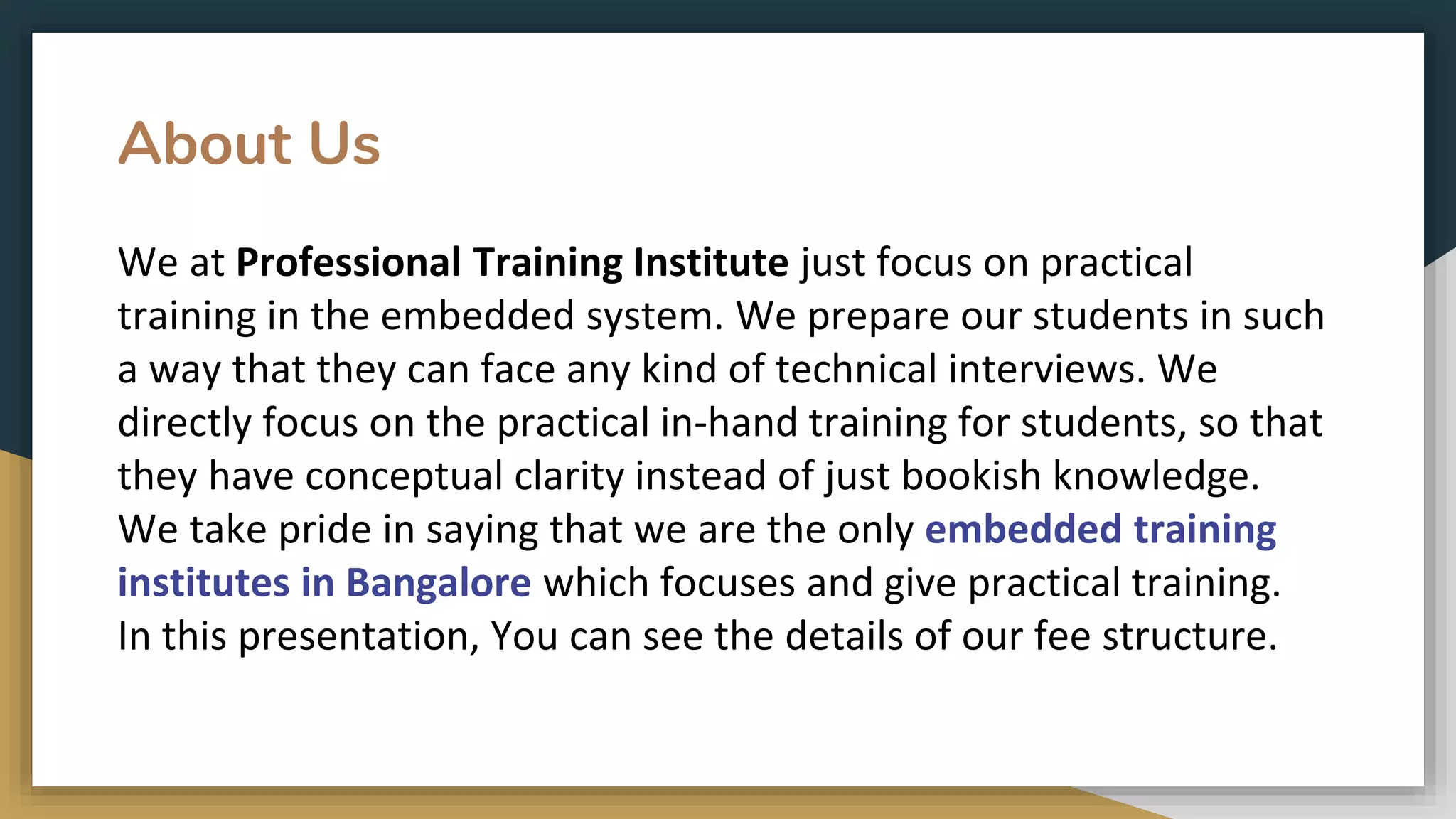 Fee structure of embedded training in Bangalore - PTInstitute | PPT