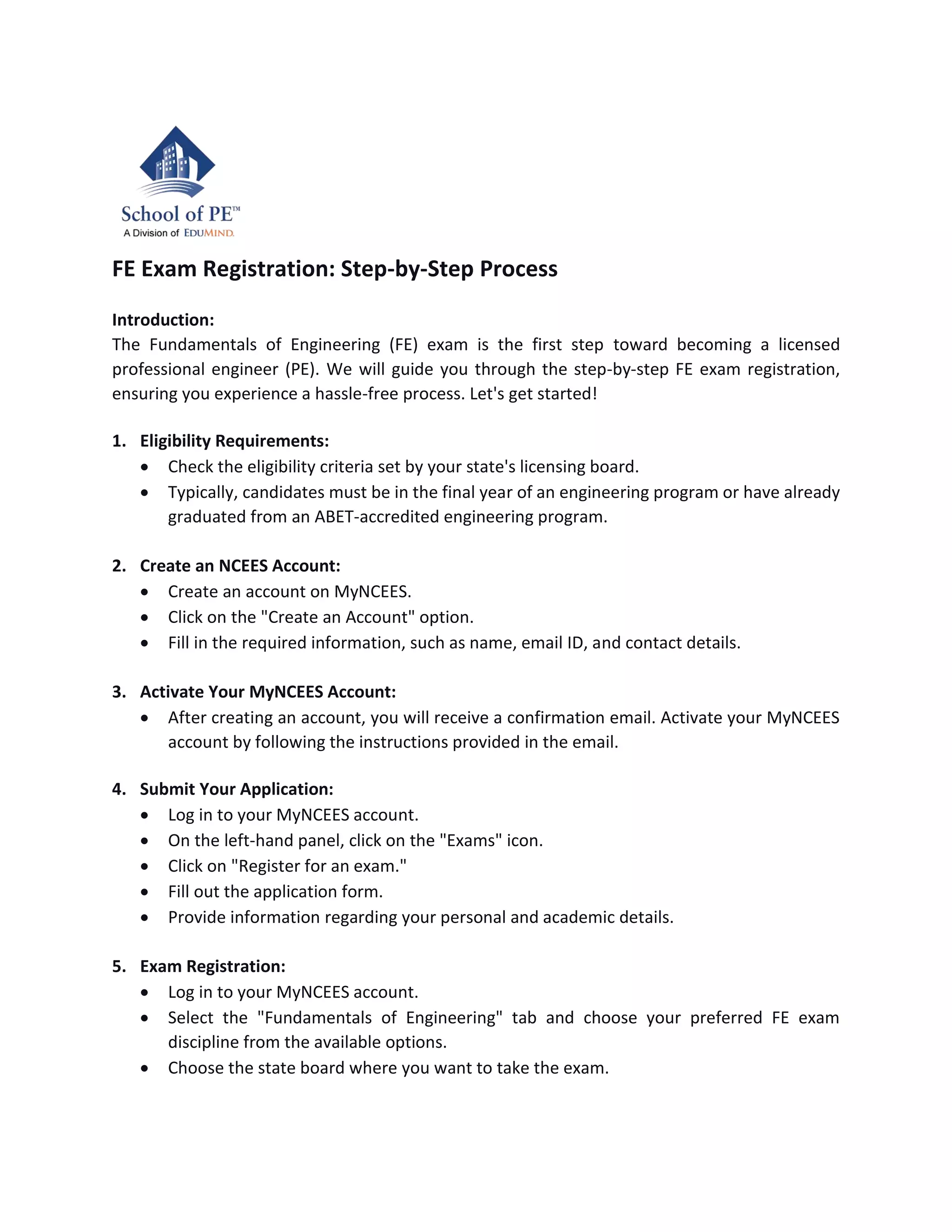 FE Exam Registration Step by Step Process | PDF