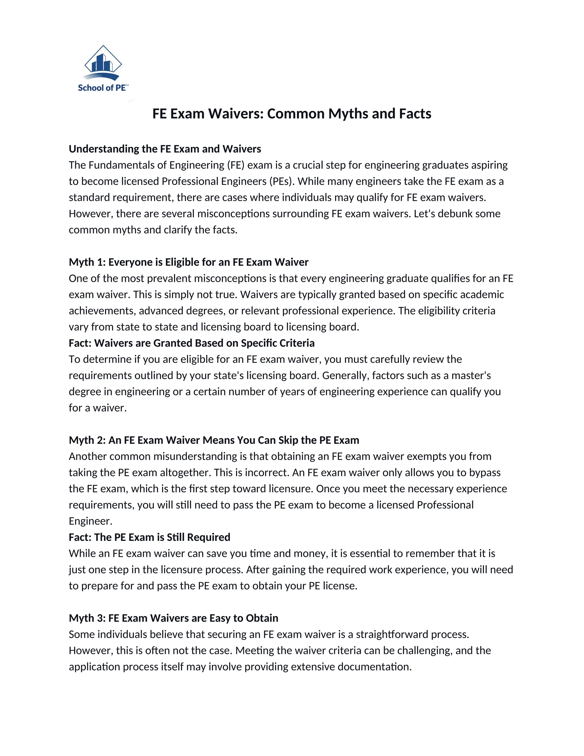 FE Exam Waivers Common Myths and Facts. | DOCX