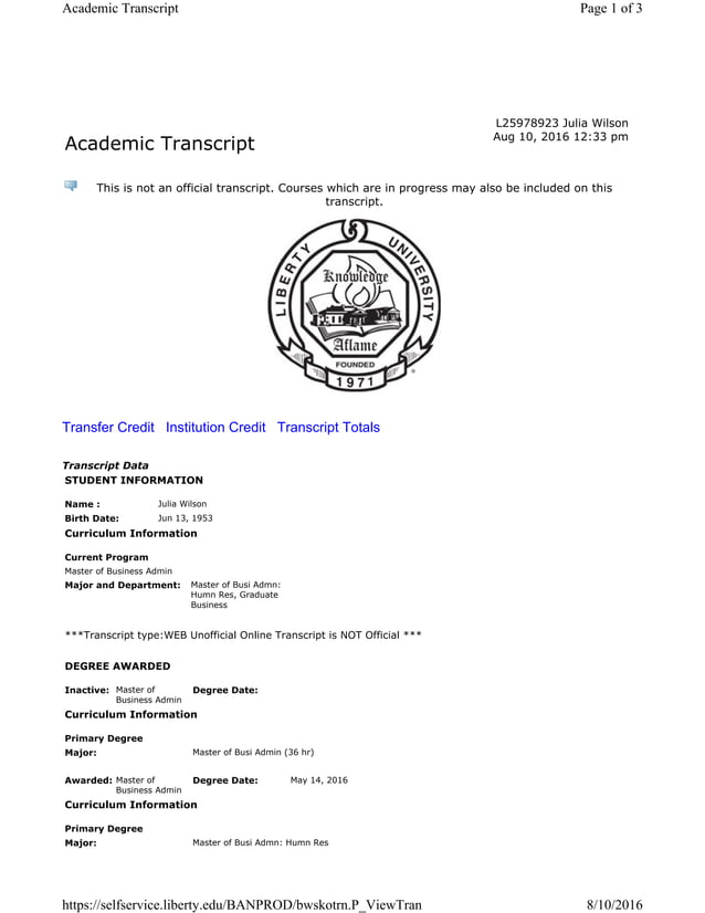 Liberty U unofficial transcript | PDF | Graduation | Personal ...