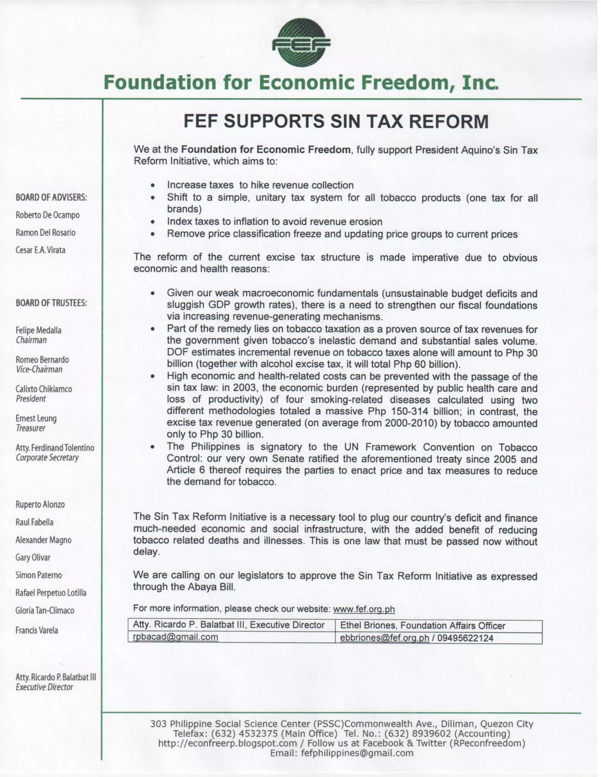 FEF Supports Sin Tax Reform | PDF