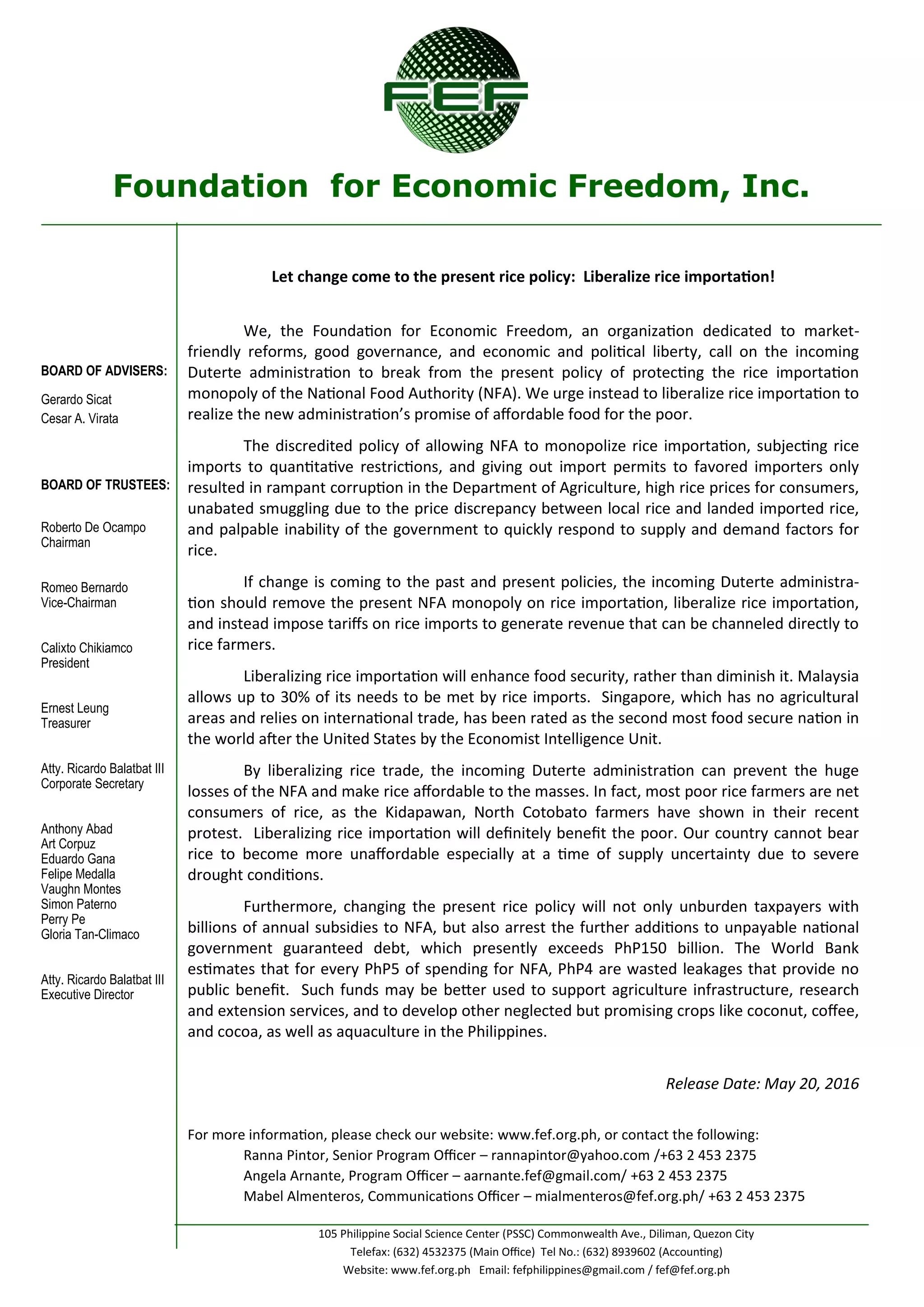 FEF Statement on Philippine Rice Policy | PDF