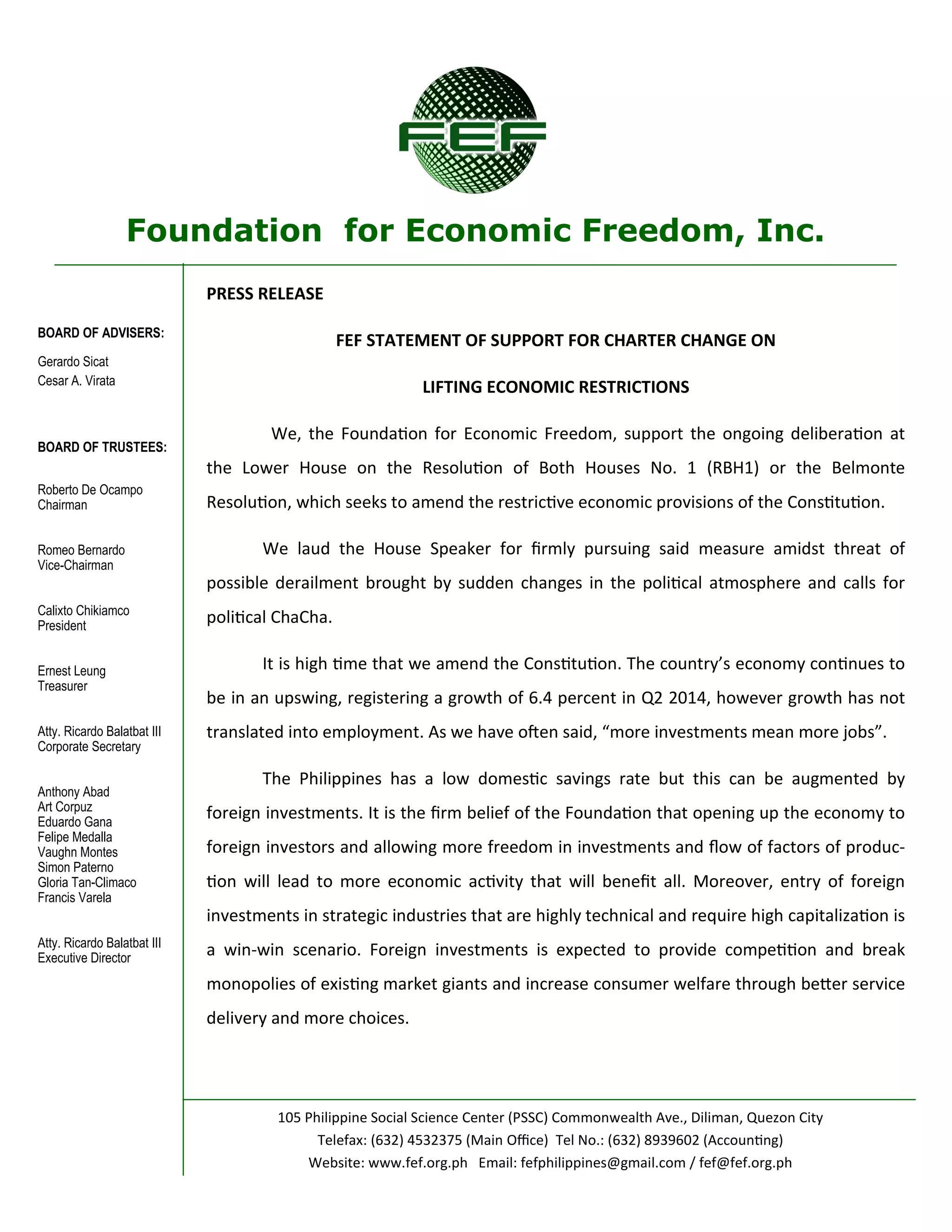 FEF Statement of Support for Charter Change on Lifting Economic ...