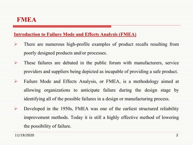 Introduction to Failure Mode and Effects Analysis (FMEA) in TQM | PDF ...