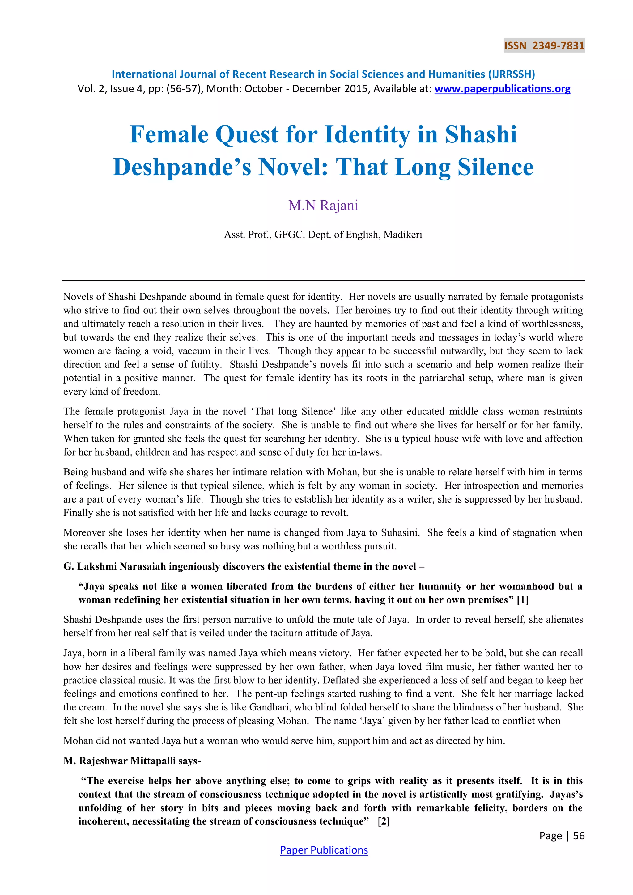 Female Quest for Identity in Shashi Deshpande’s Novel: That Long ...