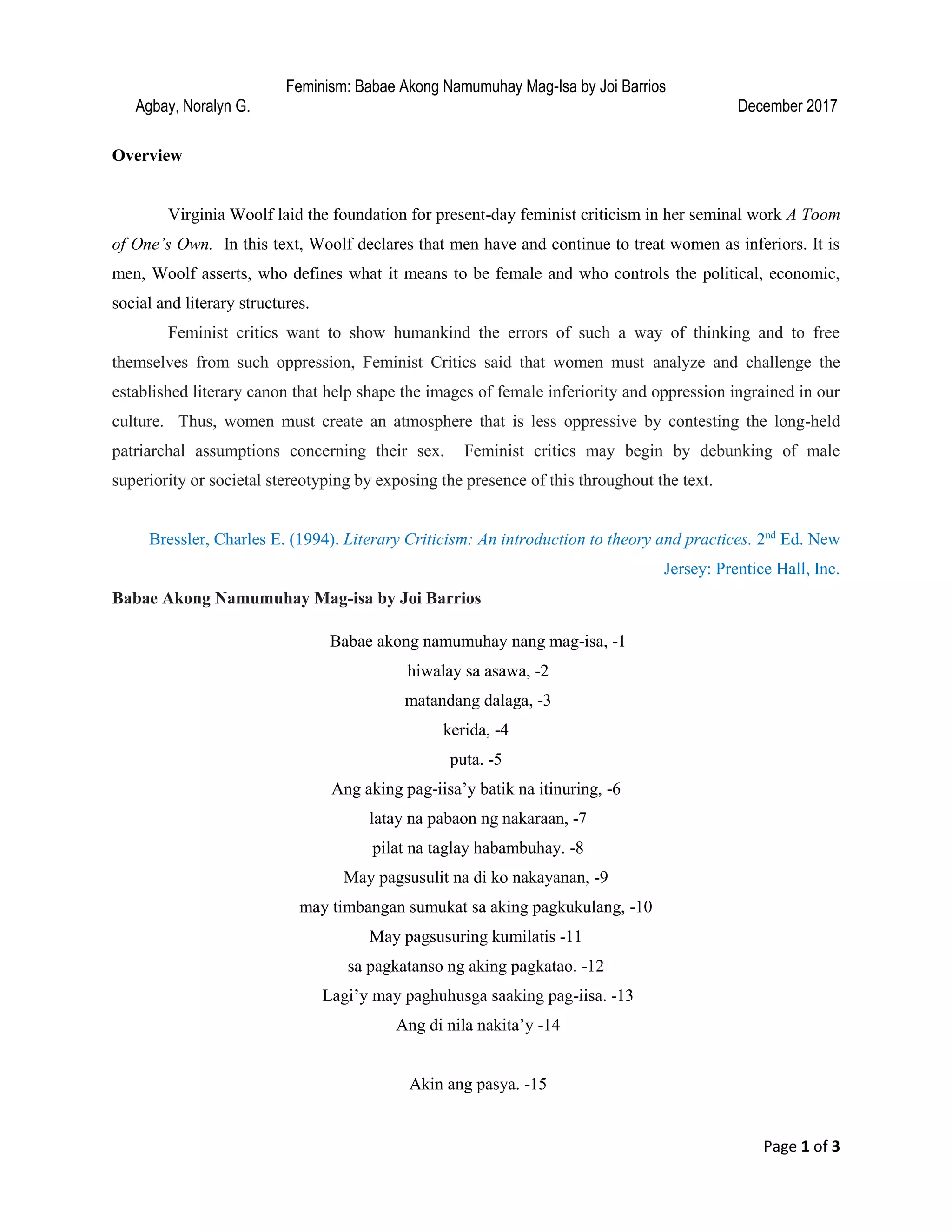 Feminism babae akong namumuhay magisa by joi barrios | PDF