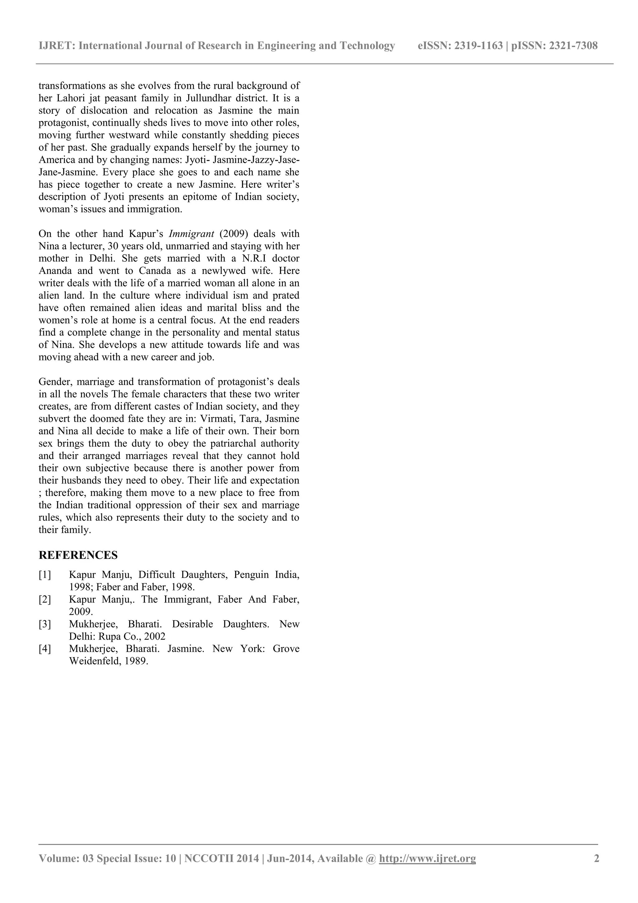 Feminist approach in two writers bharati mukherjee and manju kapur | PDF