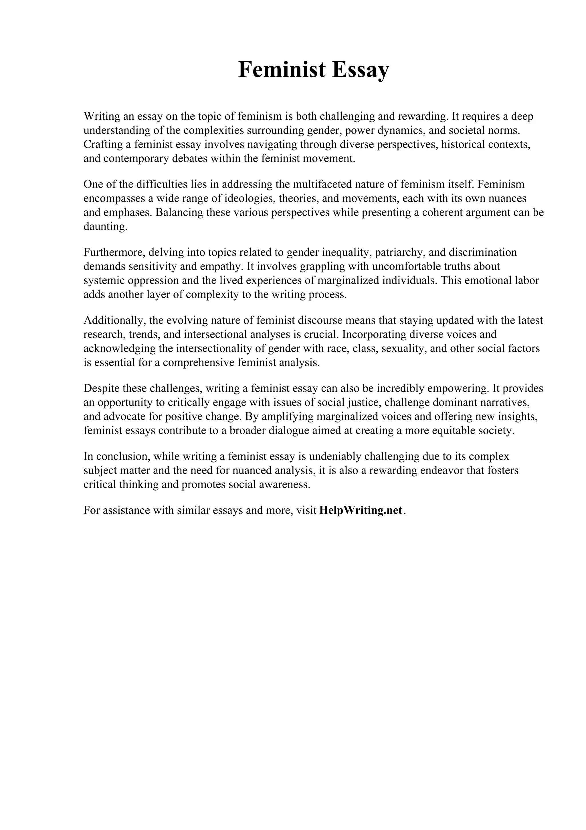 Feminist Essay. Greenville Technical College | PDF