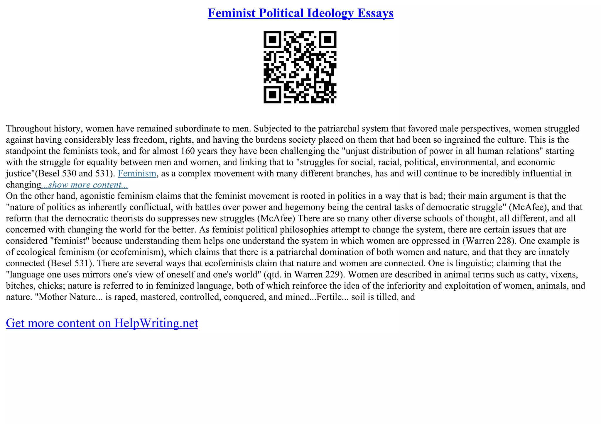 Feminist Political Ideology Essays | PDF
