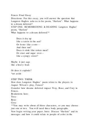 Fences Final EssayDirections For this essay, you will answer the | PDF