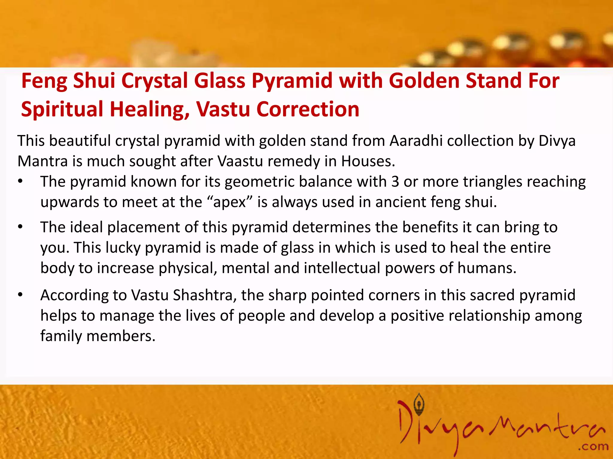 Feng shui crystal glass pyramid with golden stand for spiritual | PPT