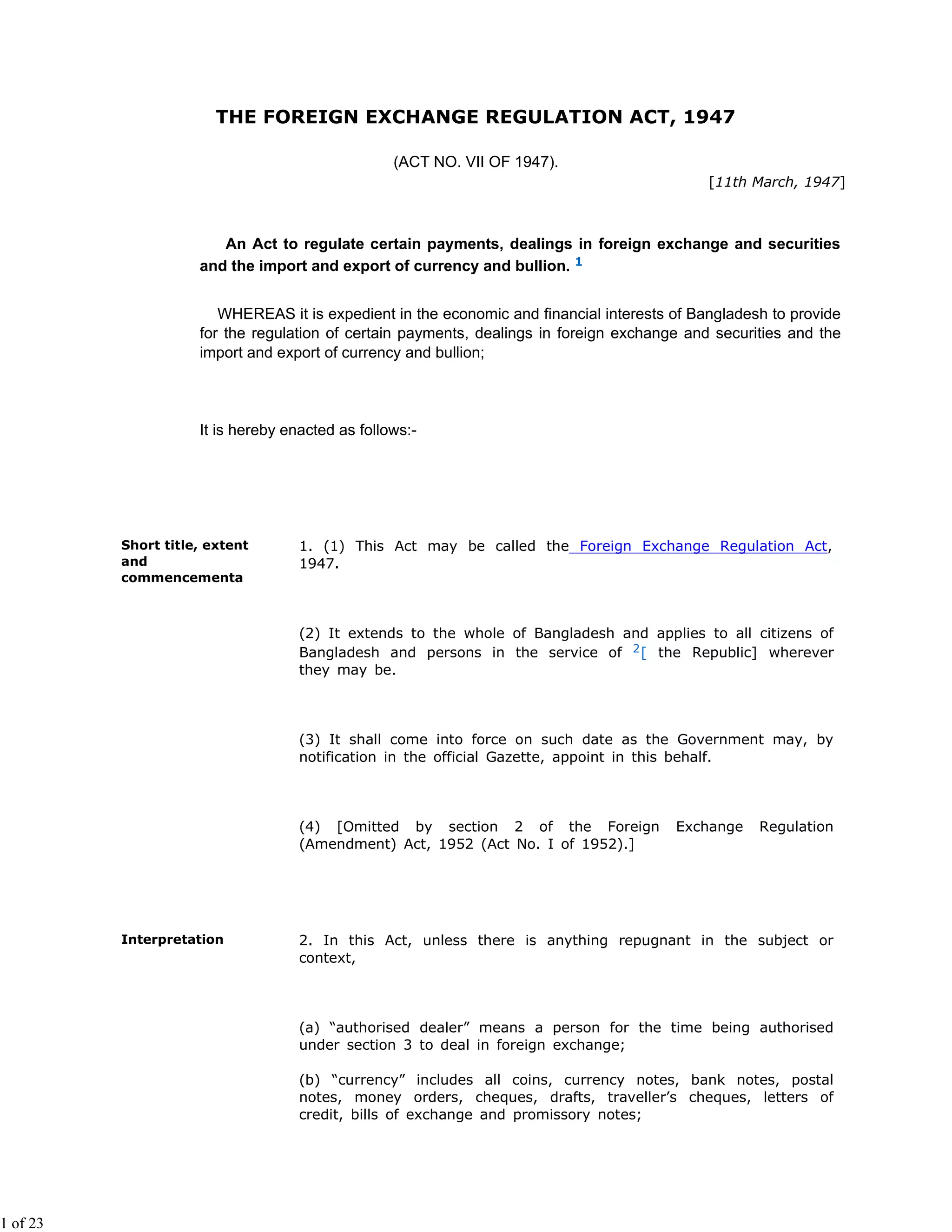 THE FOREIGN EXCHANGE REGULATION ACT, 1947 | PDF