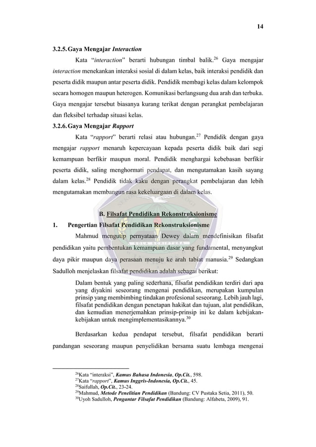 Implementasi Filsafat Pendidikan Rekonstruksionisme dalam Membentuk Gaya Mengajar Dosen Program ...