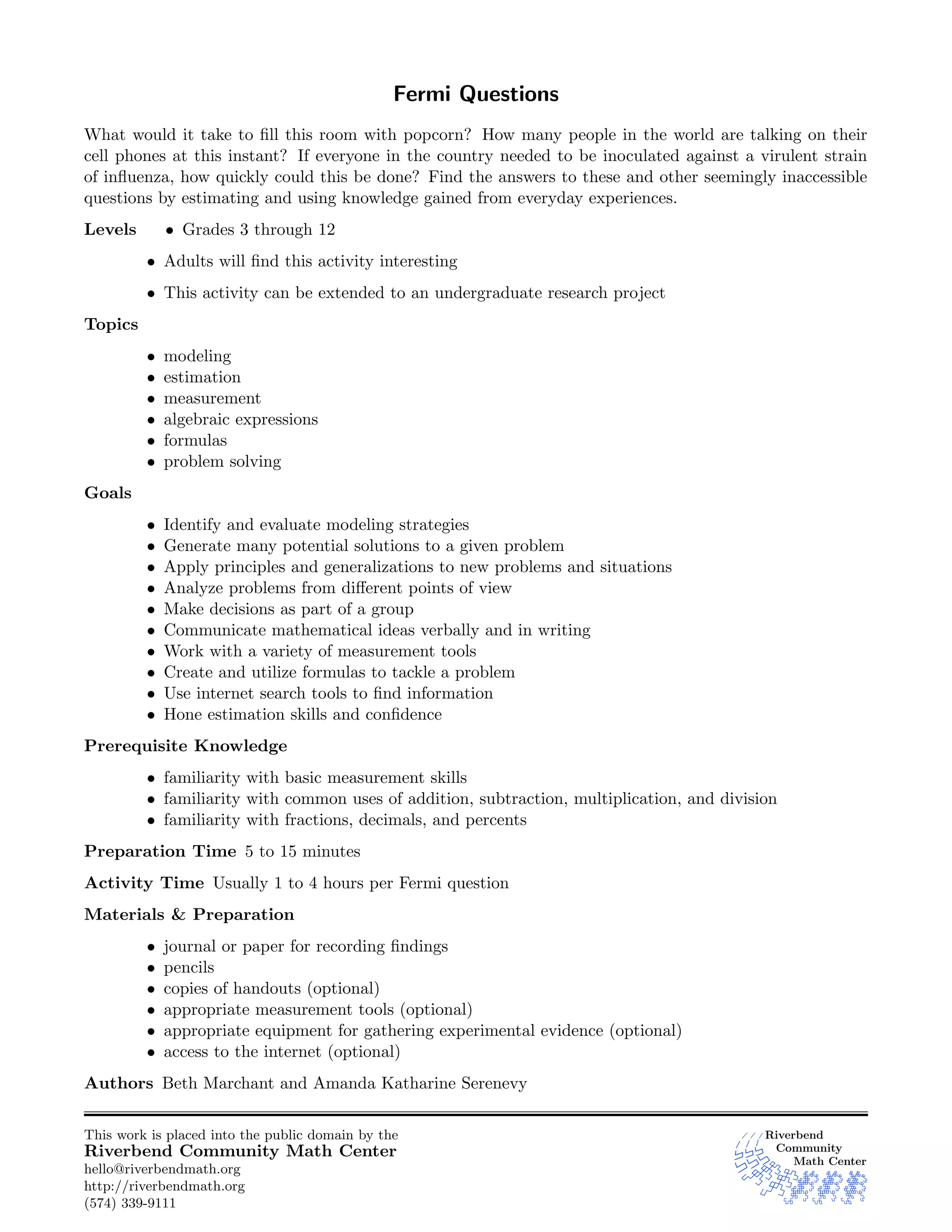 Fermi questions handouts_and_lesson_plan | PDF