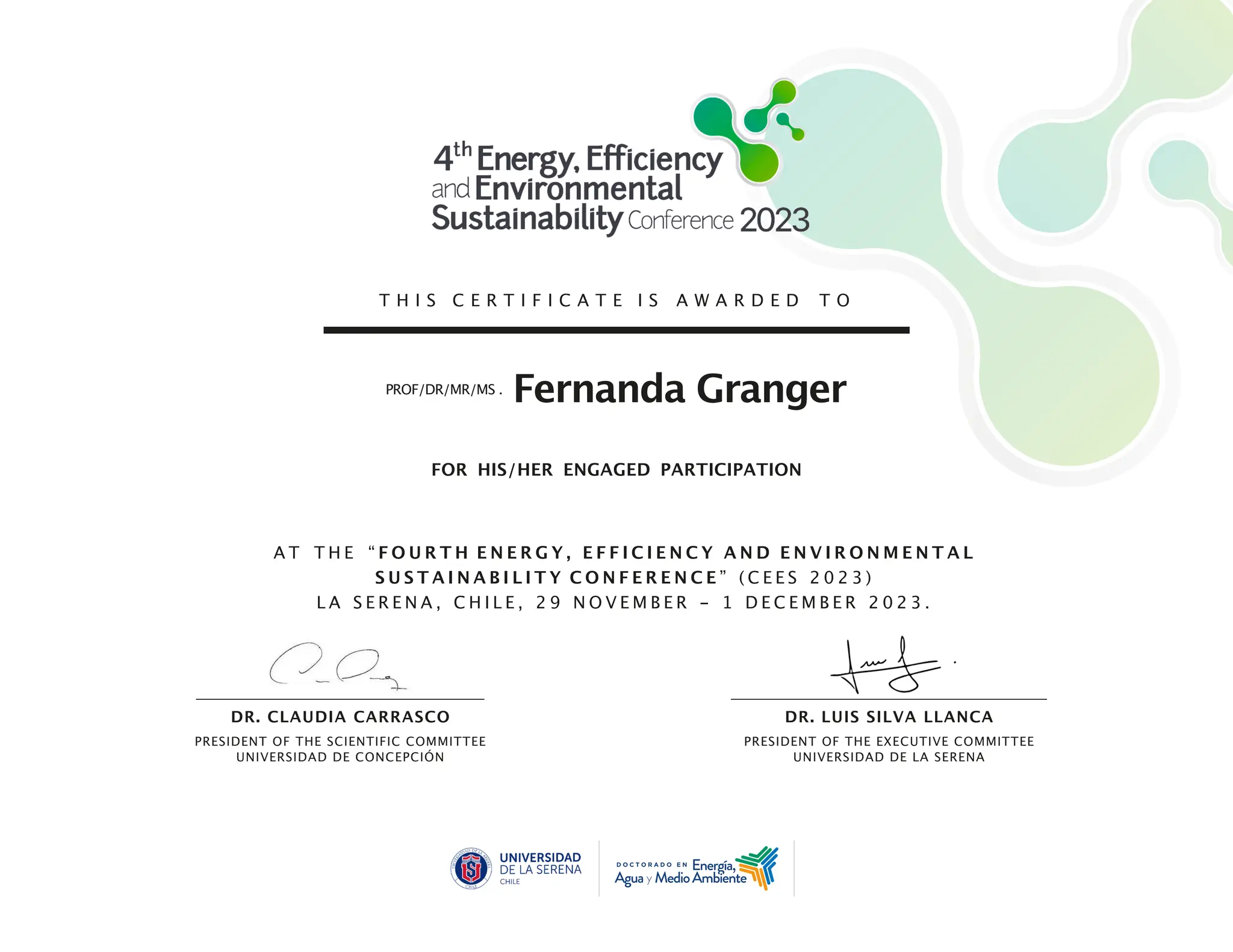 Certificado de participación "4th Energy, Efficiency and Enviromental Sustainability Conference ...