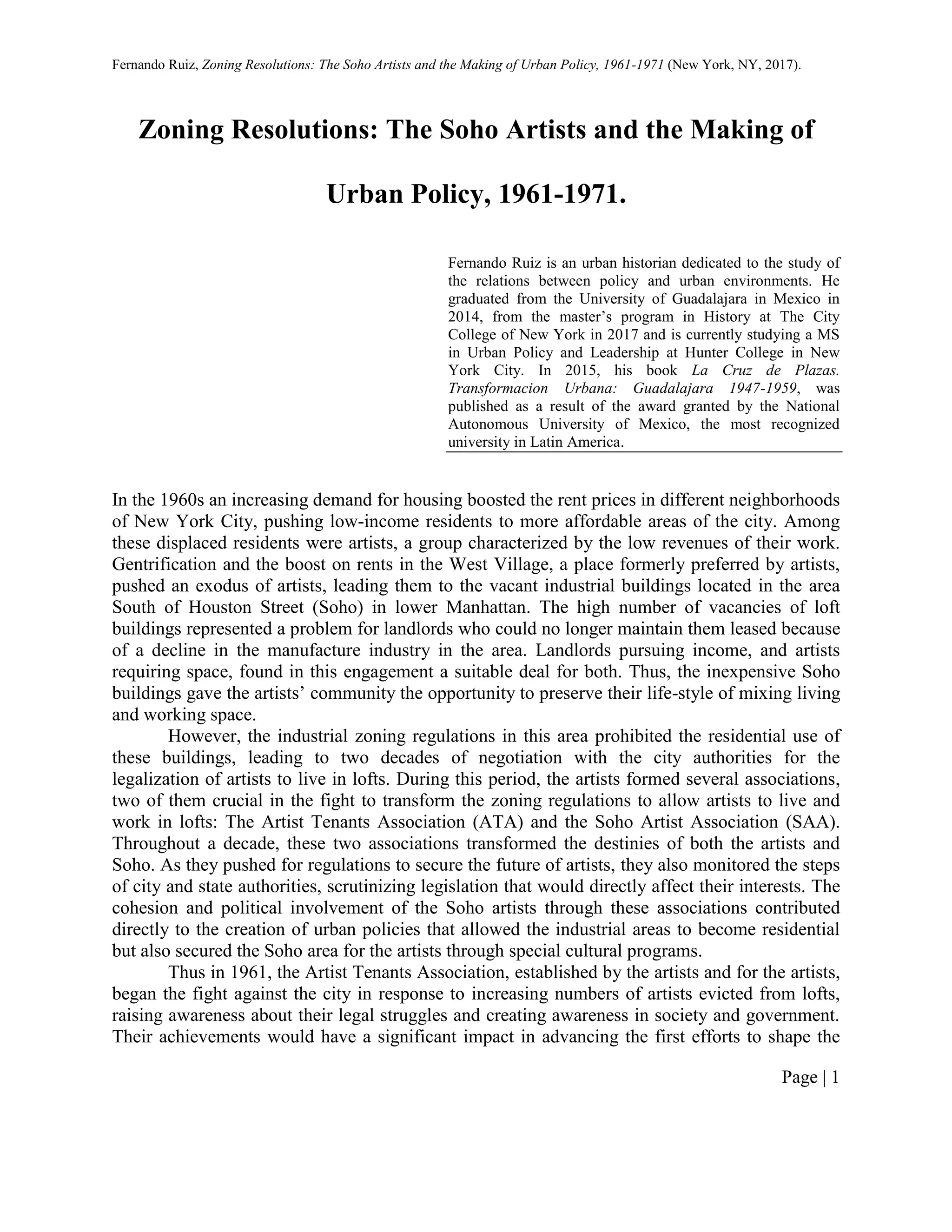 Zoning Resolutions: The Soho Artists and the Making of Urban Policy ...