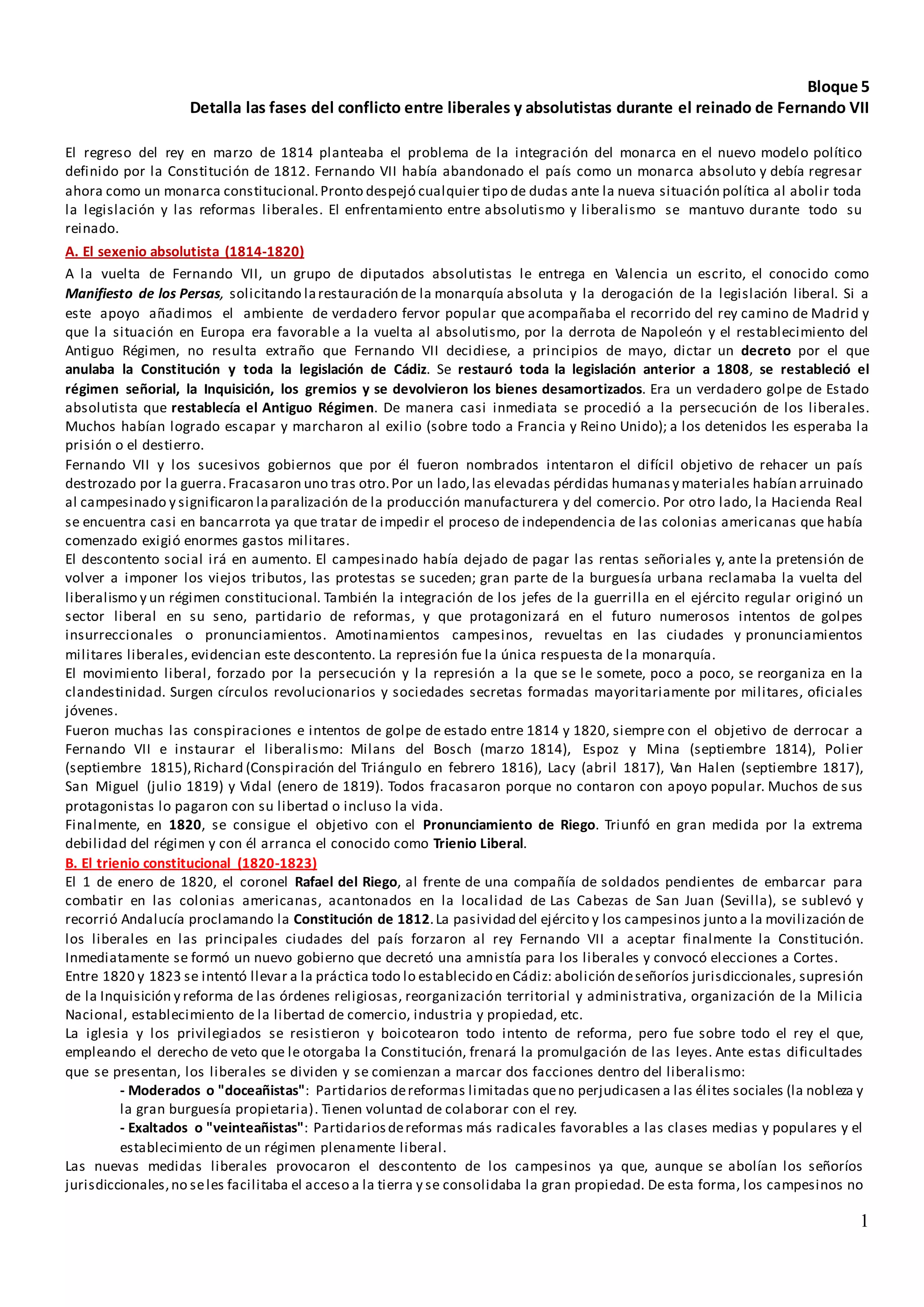 Bloque 5. Detalla las fases del conflicto entre liberales y ...