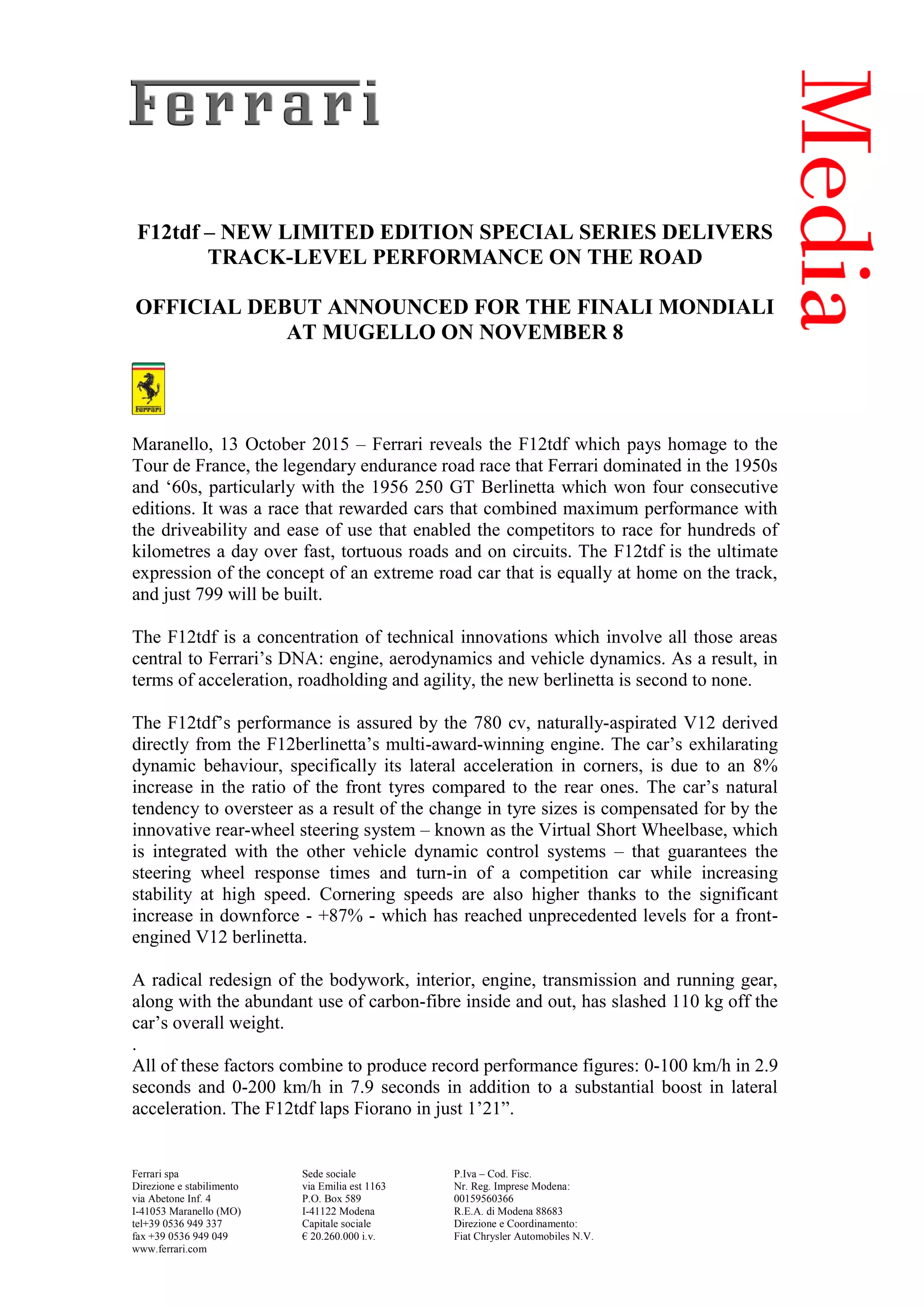 Ferrari f12tdf press release | PDF | Auto Racing | Sports