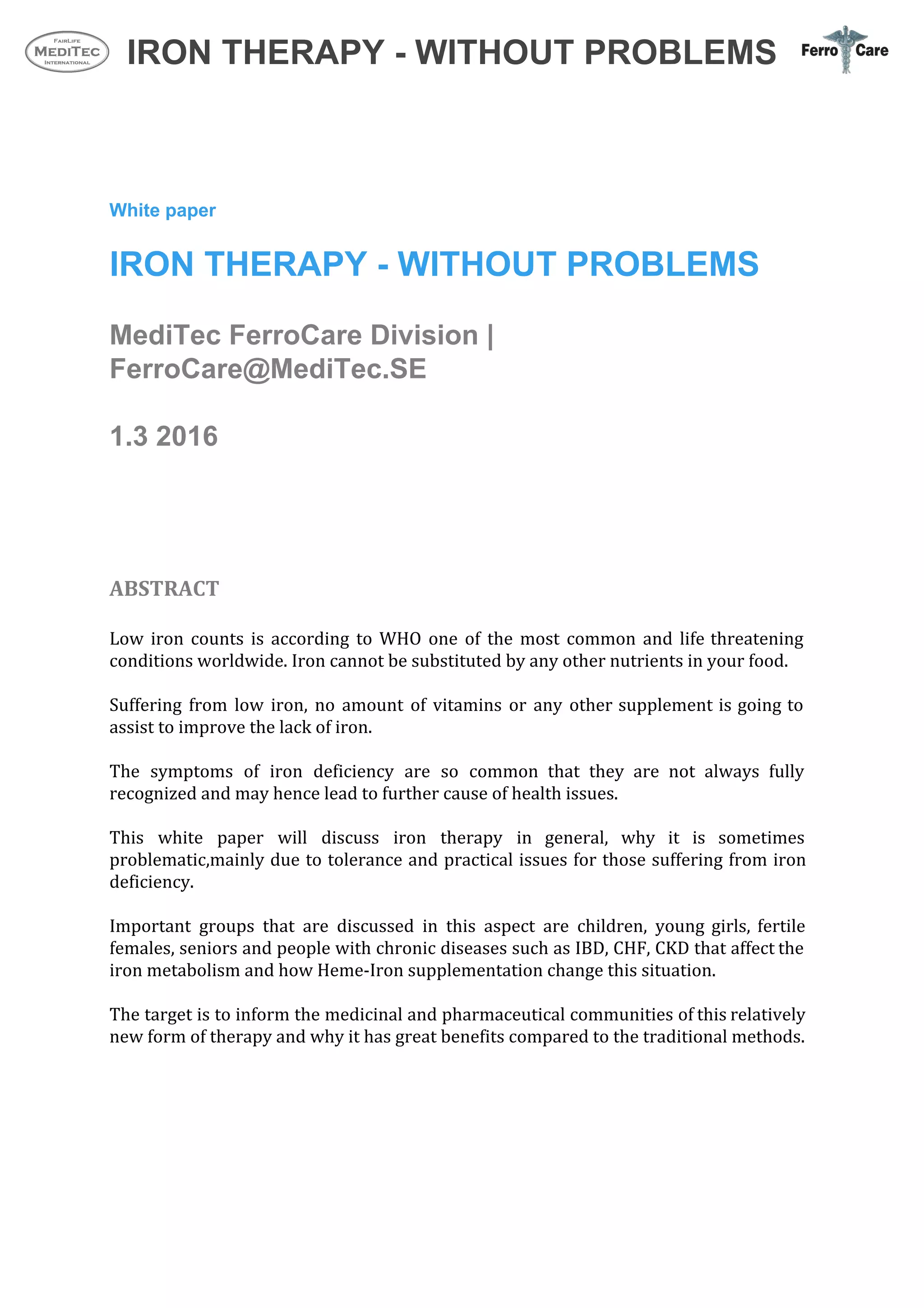 FerroCare Division White paper on Iron Therapy | PDF