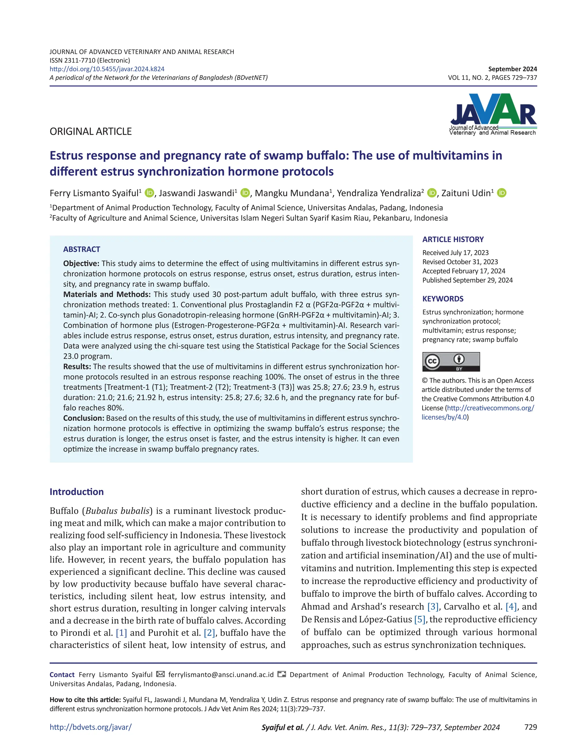 Estrus response and pregnancy rate of swamp buffalo | PDF