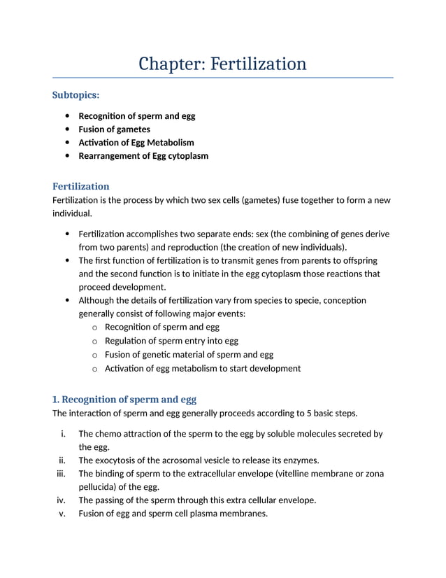 Fertilization, recognition of sperm and egg, activation of egg ...