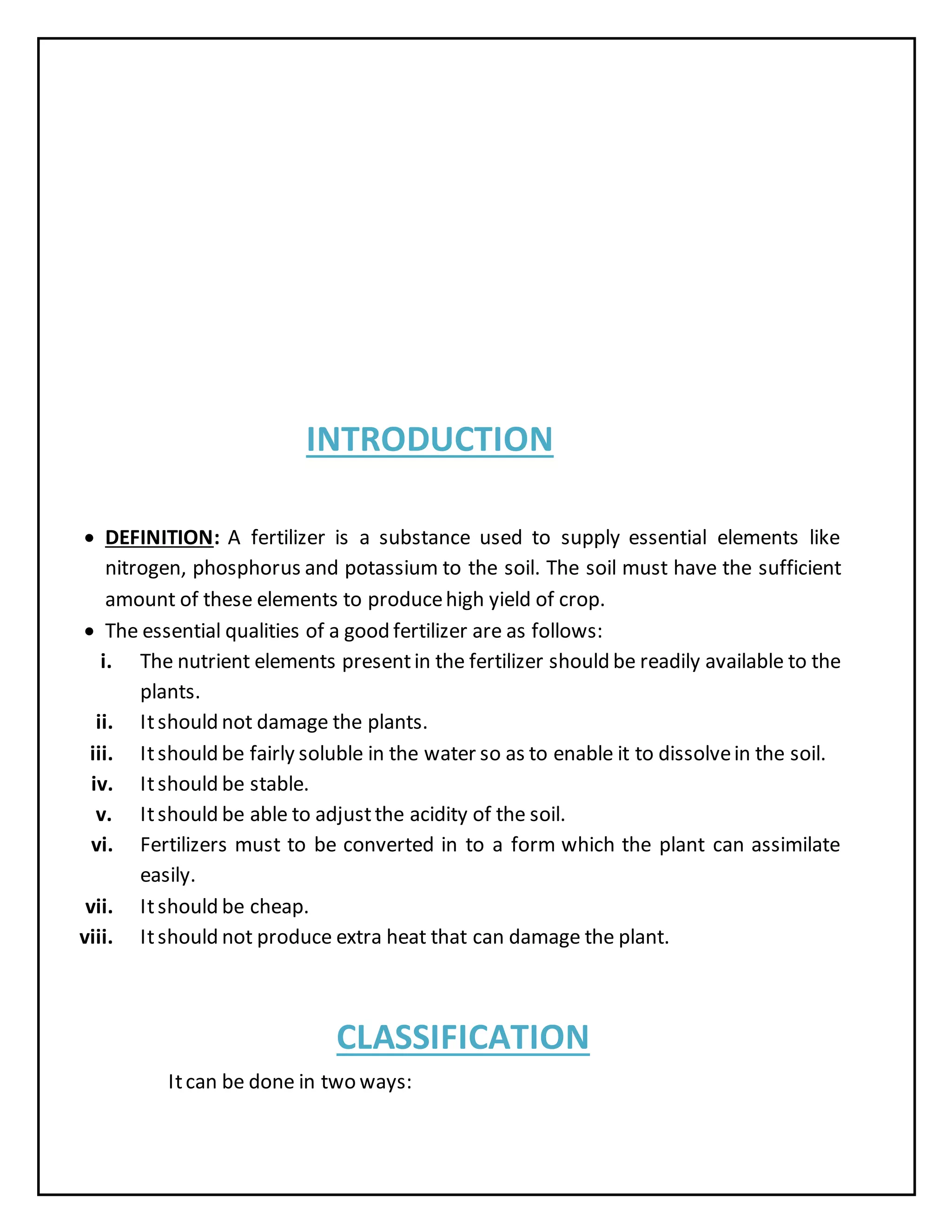 Fertilizer : classification and role of fertilizers. | DOCX
