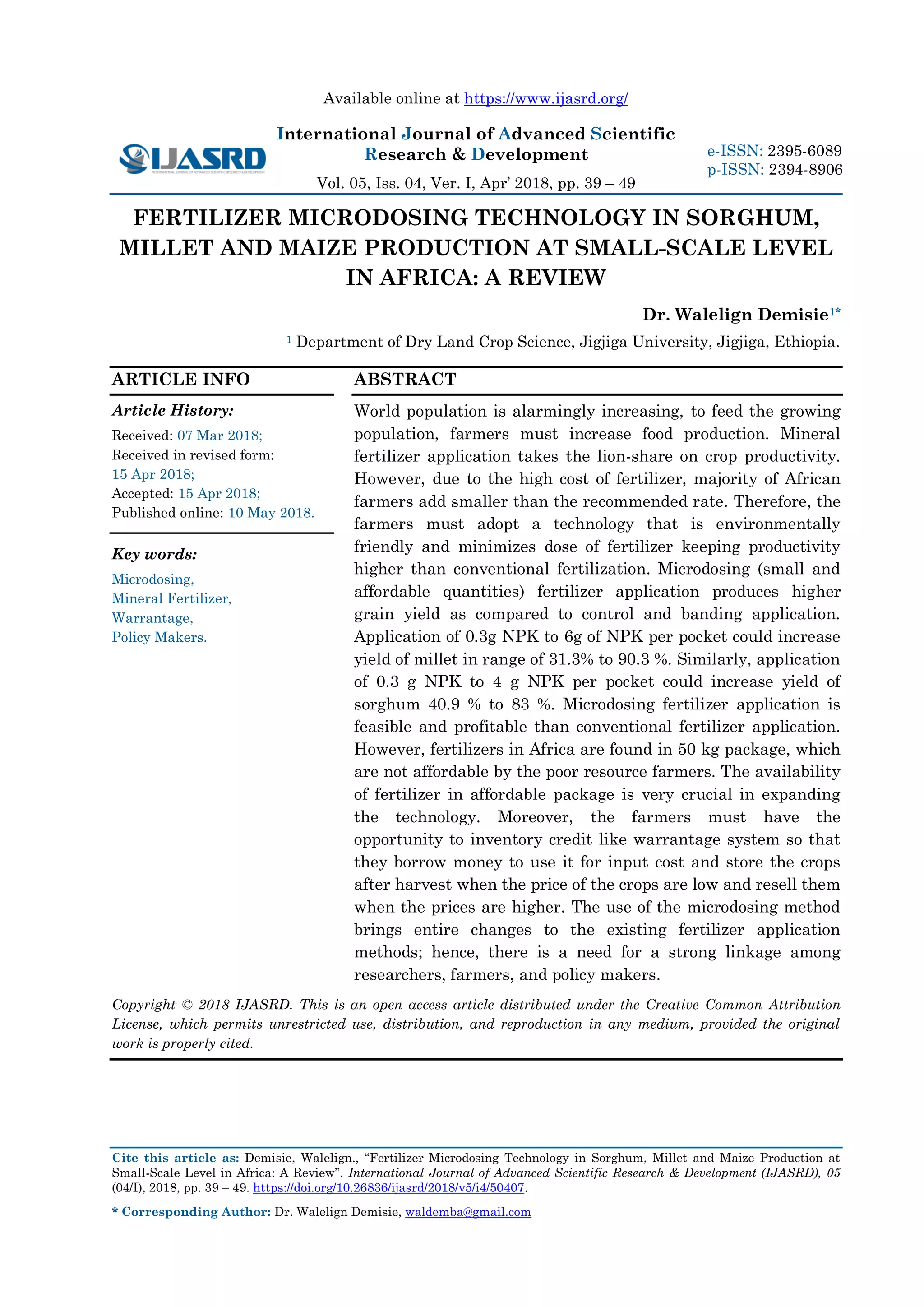 Fertilizer microdosing technology in sorghum, millet and maize ...