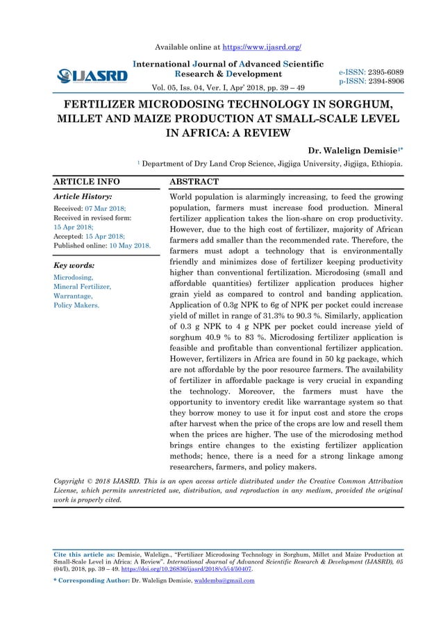 Fertilizer microdosing technology in sorghum, millet and maize ...