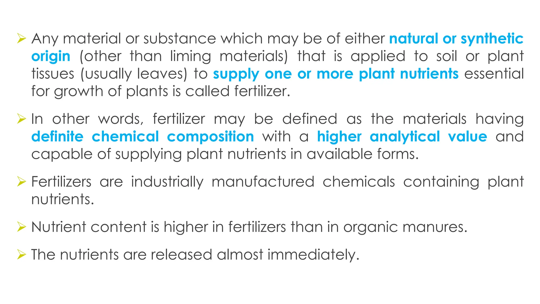 Ferttilizers, definition, types, nature, nutrient content, examples | PDF