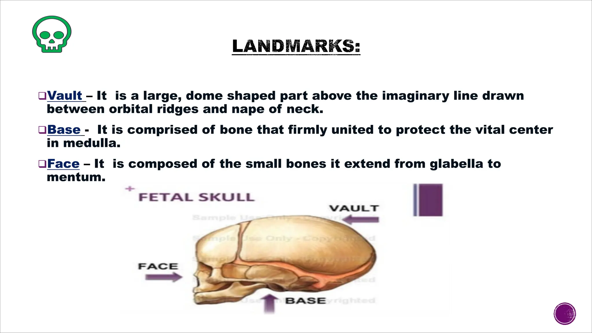 FETAL SKULL -LANDMARK,REGIONS,BONE,SUTURE,DIAMETER- OBG.pdf