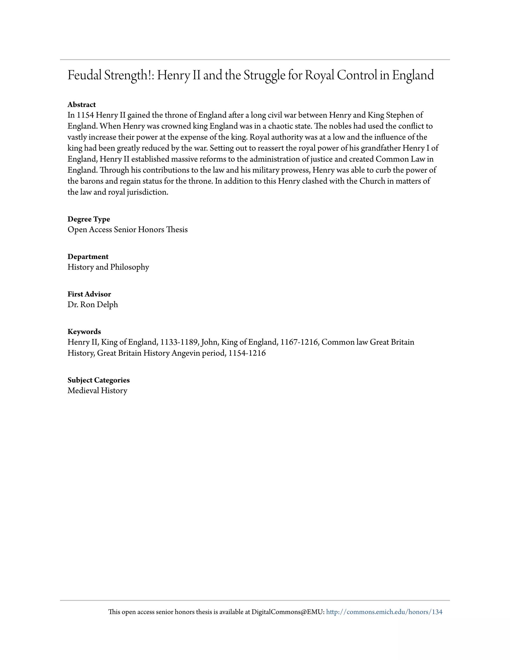 Feudal strength! henry ii and the struggle for royal control in | PDF ...