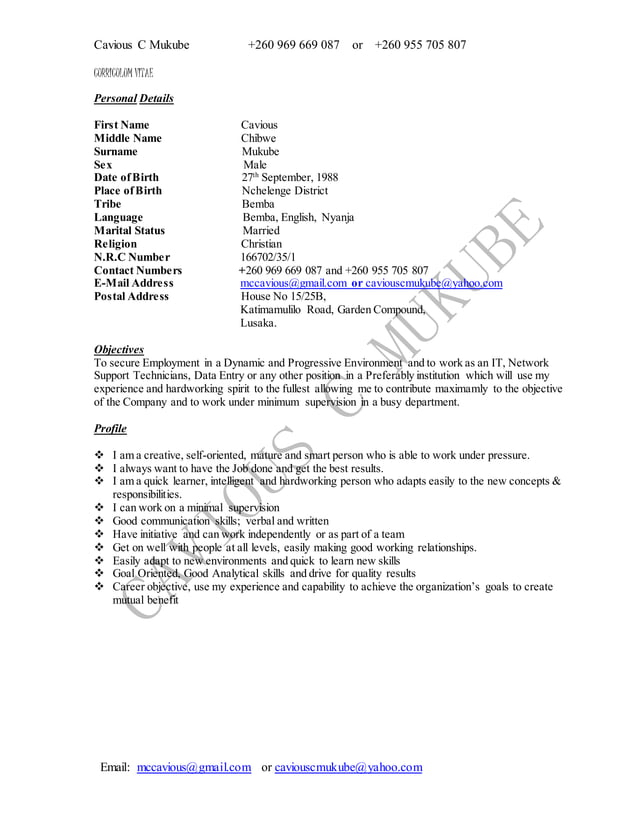 Master CURRICULUM VITAE_Cavious Mukube | DOCX