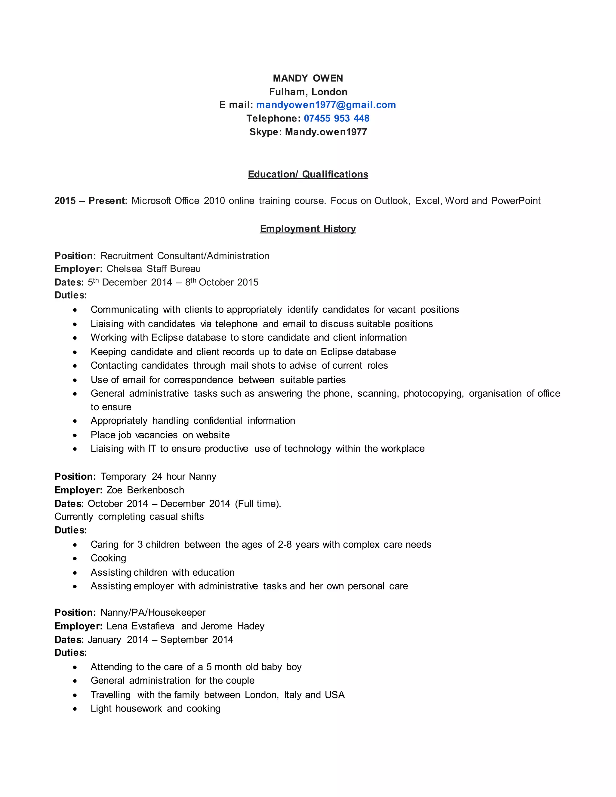 Mandy CV Oct 2015 office | PDF
