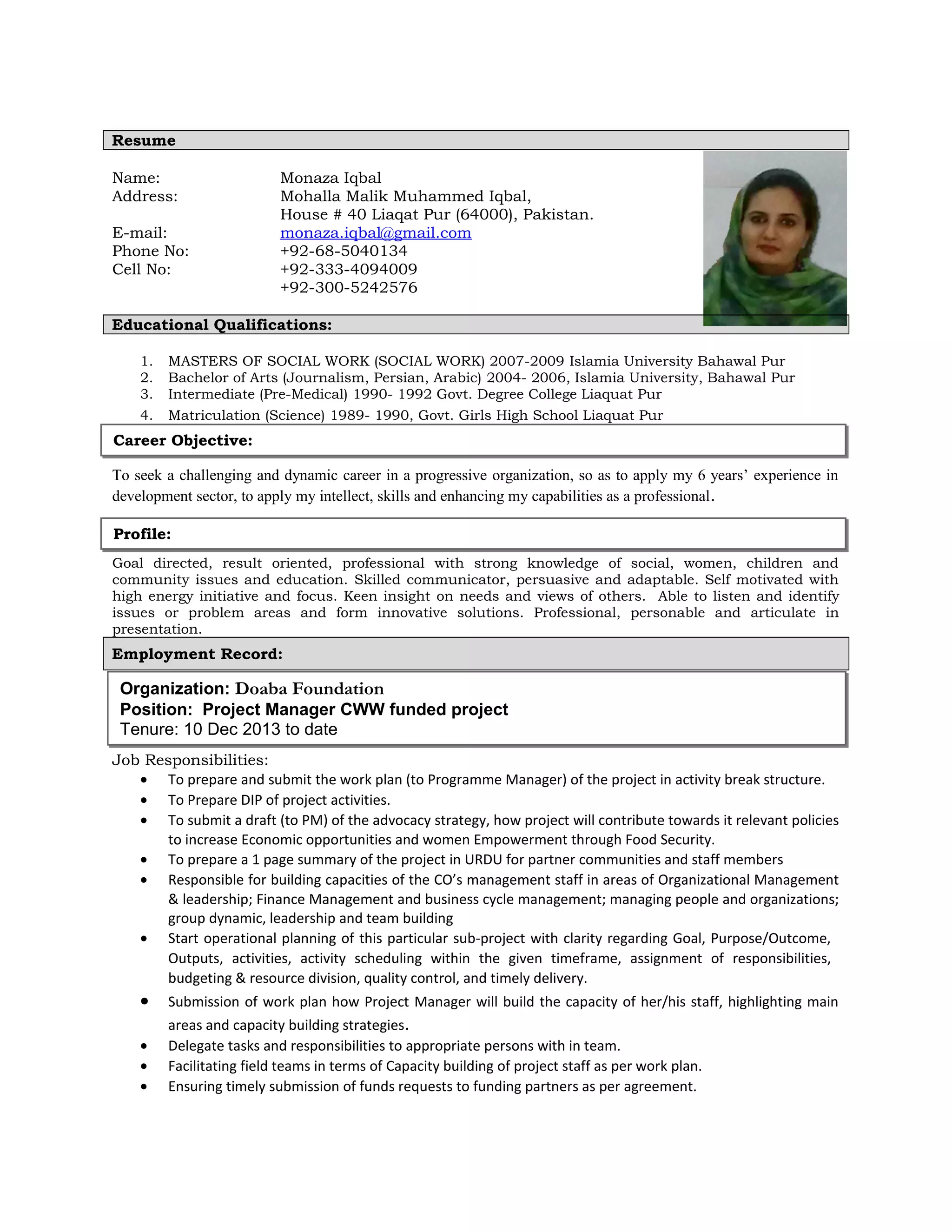 MONAZA_IQBAL_CV | DOC | Postgraduate Education | College Education