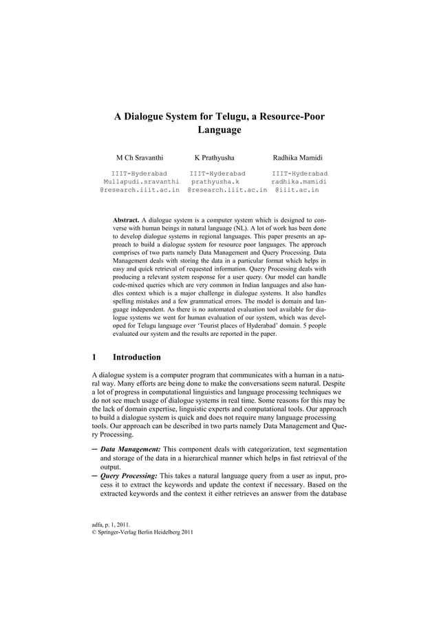 A Dialogue System for Telugu, a Resource-Poor Language | PDF