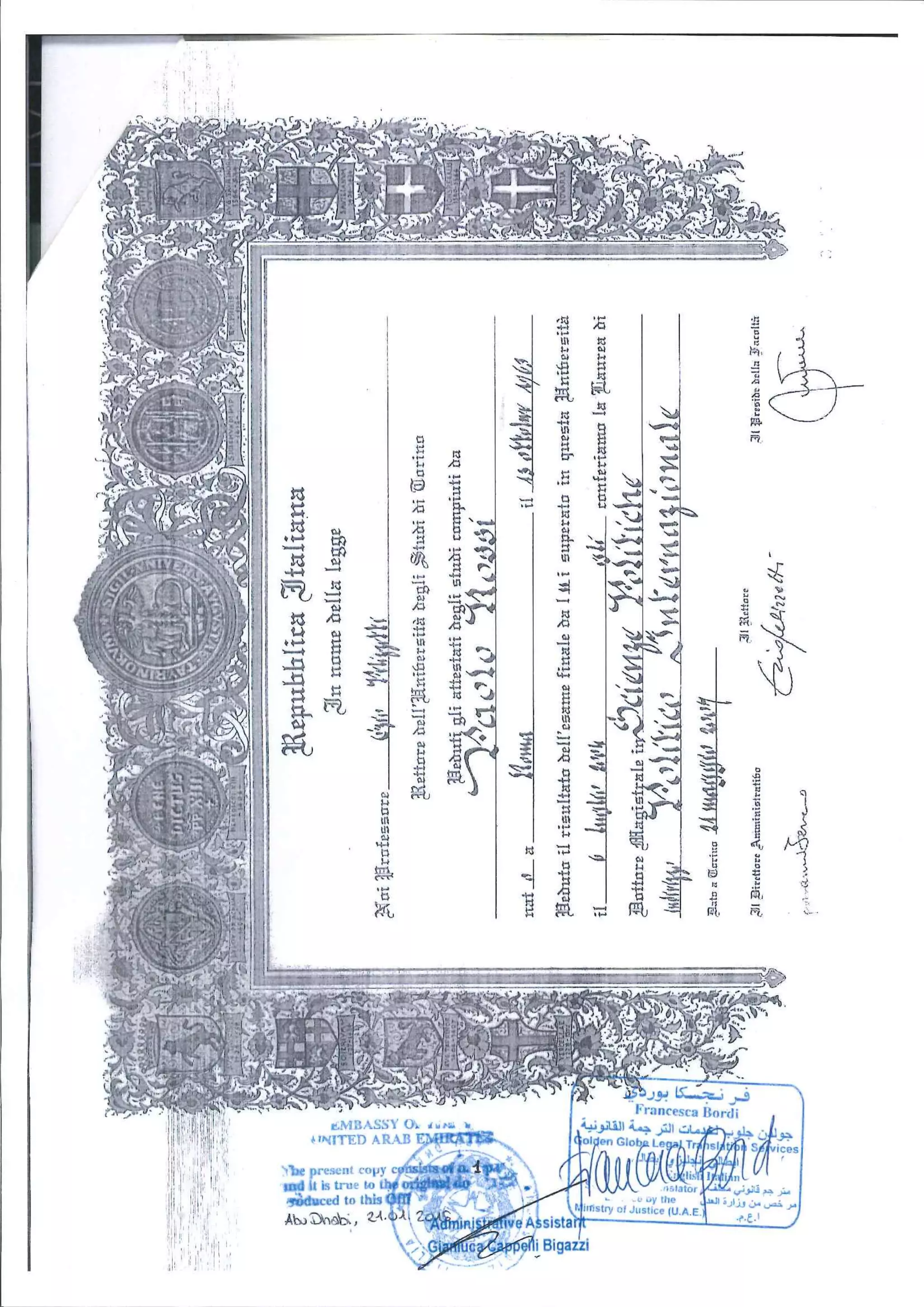 Attestation Italian Embassy UAE Master Degree P.Rossi | PDF