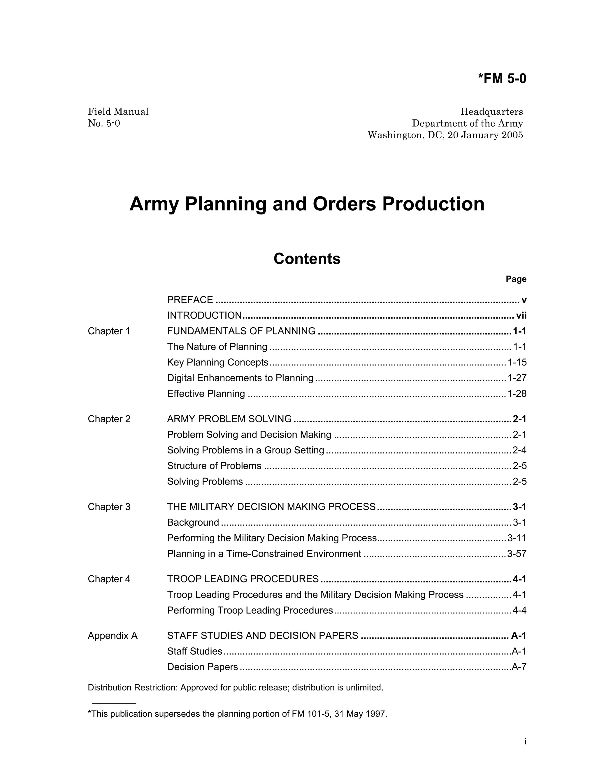 FM 5-0 - Army Planning & Orders Production | PDF