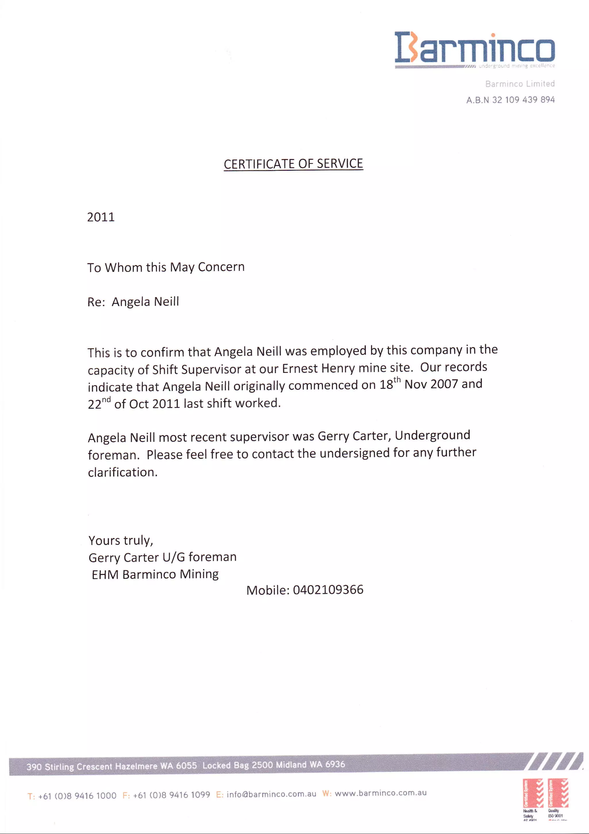 Certificate of Service A Neill Shift Supervisor_0001 | PDF