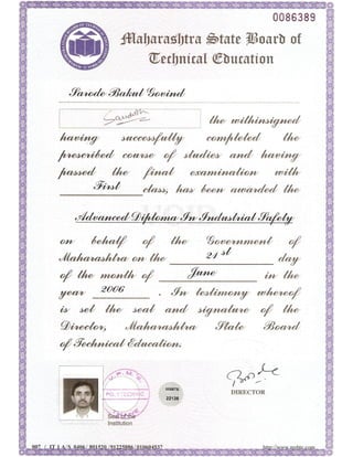 Advance Diploma In Industrial Safety | PDF