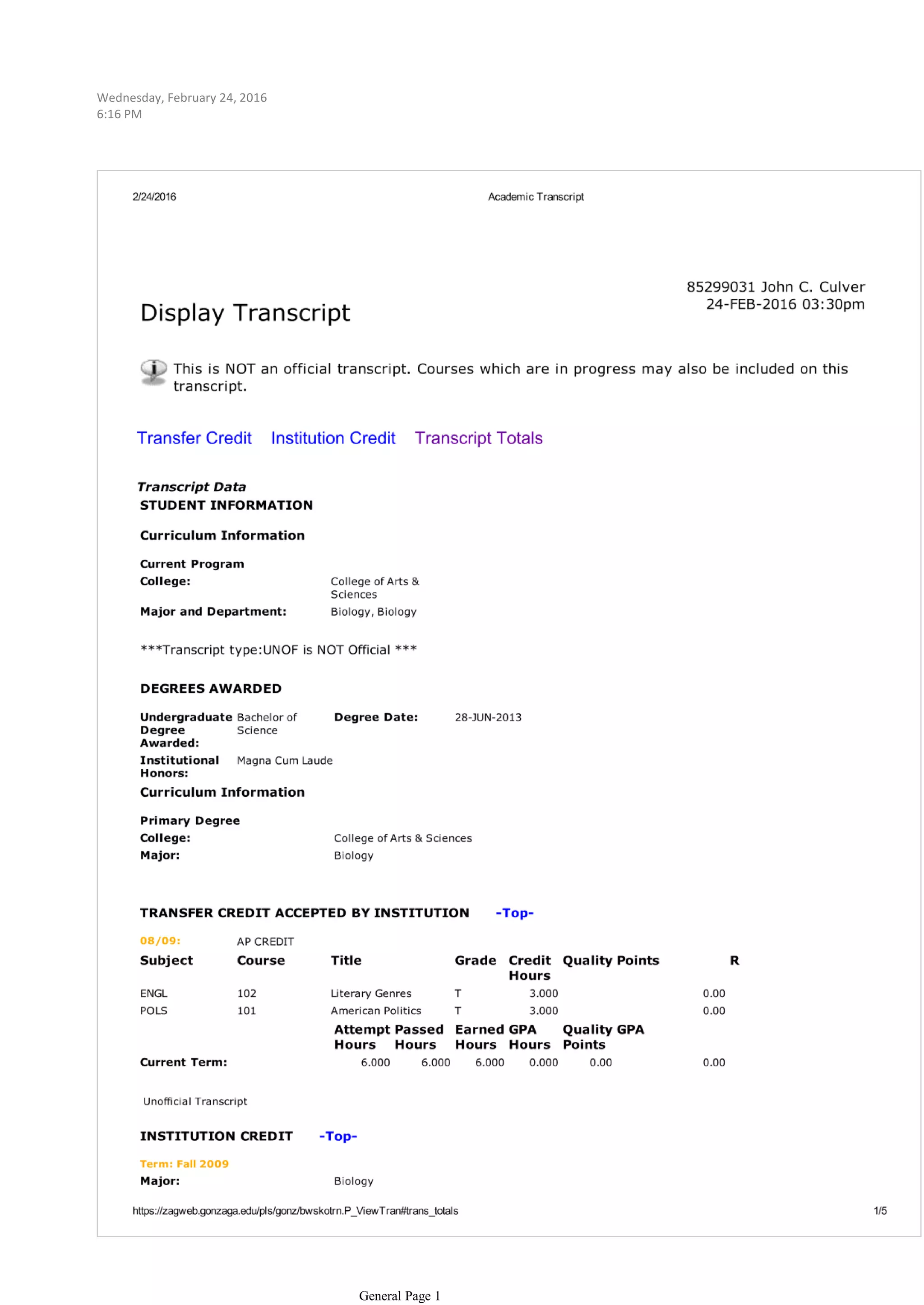 Undergrad Transcripts | PDF