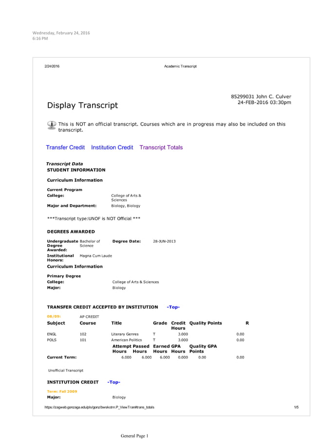 Undergrad Transcripts | PDF