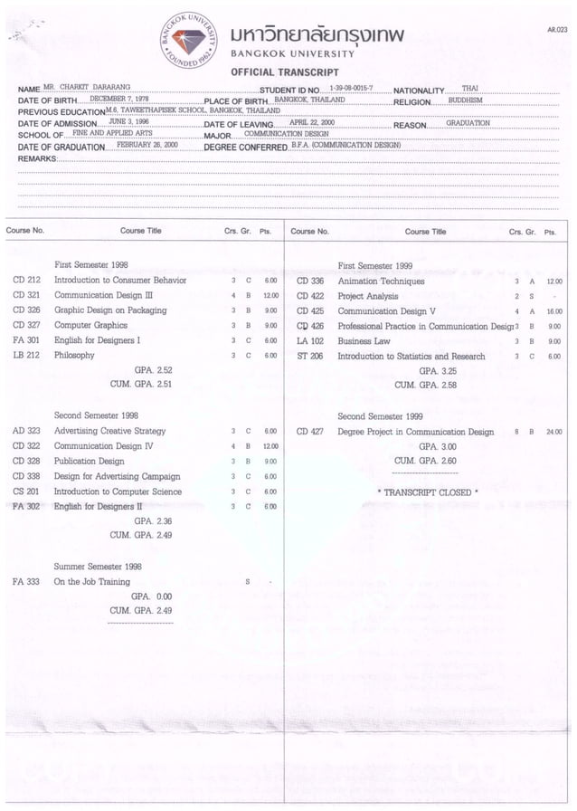 Official Transcript of Record Bangkok University | PDF