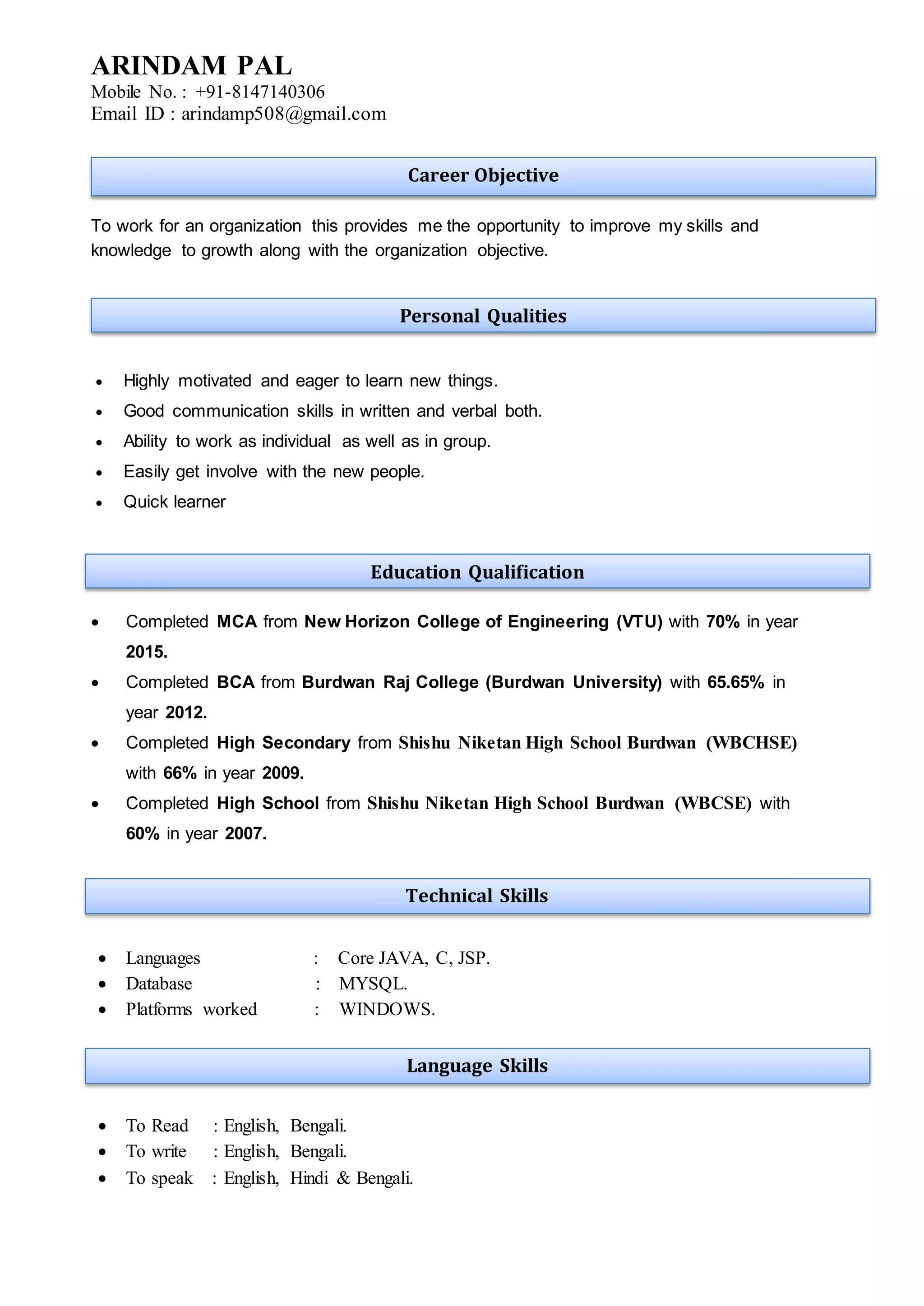 ARINDAM PAL_RESUME_MCA_2015 | DOCX