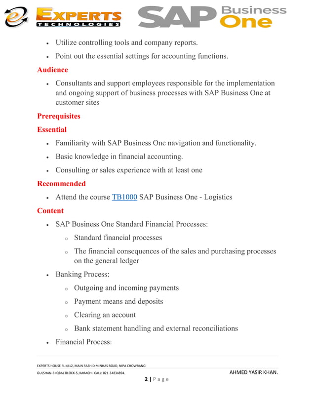 SAP Business One 8.8 Course Outline Expert | PDF