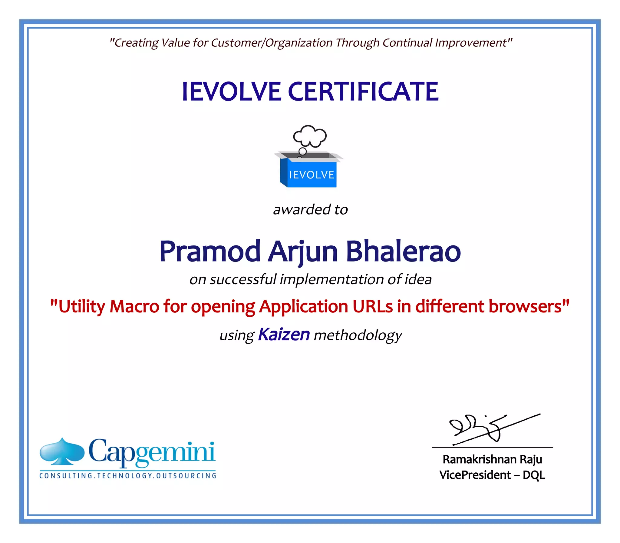 IEVOLVE Kaizen Certificate_Pramod Arjun Bhalerao | PDF